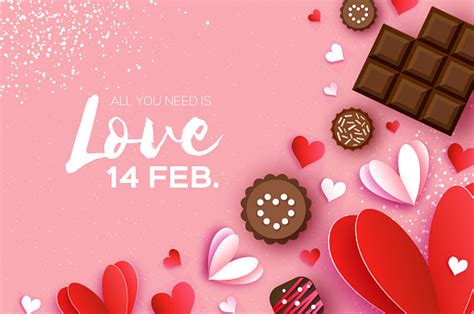 초콜릿을 사랑 해요 화이트 발렌타인 데이 인사말 카드 레드 하트 종이 컷된 스타일과 디저트 산호에 사탕 종이 접기 해피 홀리데이입니다 텍스트를 위한 공간 밸런타인데이에 대한
