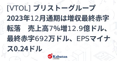 Vtol ブリストーグループ 2023年12月通期は増収最終赤字転落 売上高7％増129億ドル、最終赤字692万ドル、epsマイナス0