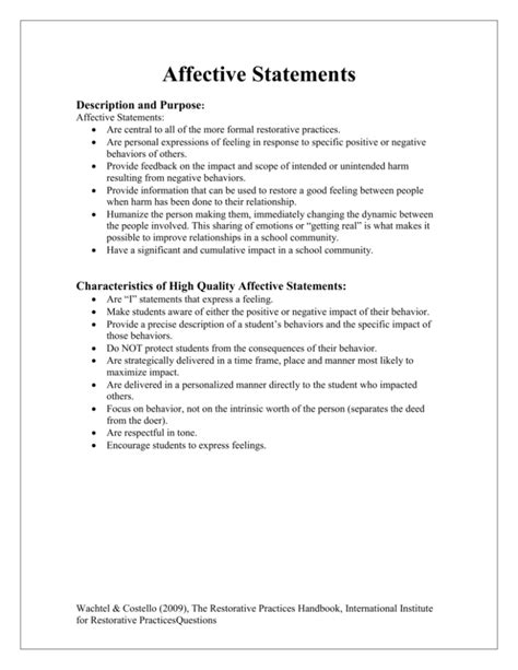 Affective Statements Restorative Practices Handbook Excerpt