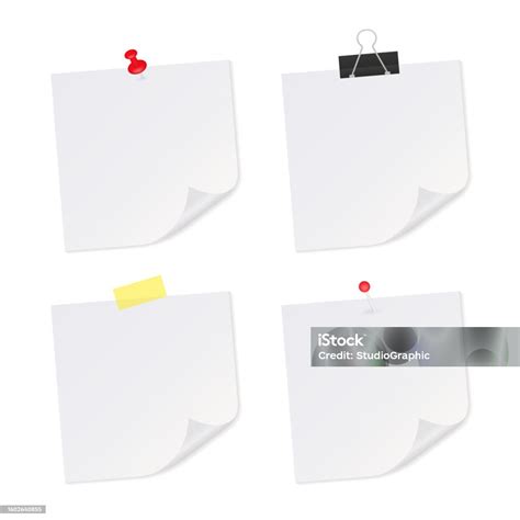 푸시 핀 접착 테이프 바인더 클립이 있는 스티커 메모 용지 세트 메모용 백지 정면도 메시지 템플릿입니다 흰색 바탕에 핀이 있는 스티커 벡터 그림 0명에 대한 스톡 벡터 아트