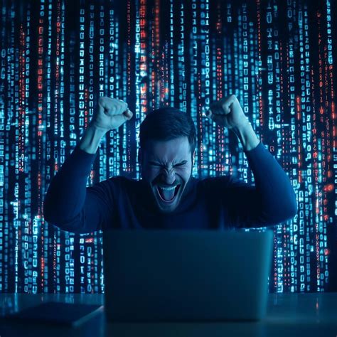 A Hacker Celebrating After Successfully Phising A Victim With Digital Code In The Background