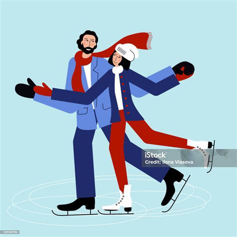 아름다운 부부는 아이스 링크에서 함께 스케이트입니다 남자와 여자는 얼음에 춤을 남자는 그의 파트너를 껴안고 그녀는 안전 느낌 겨울에 대한 스톡 벡터 아트 및 기타 이미지