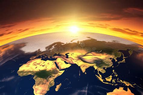 Sunrise Over World Map With Continents And Oceans Visible Stock Image