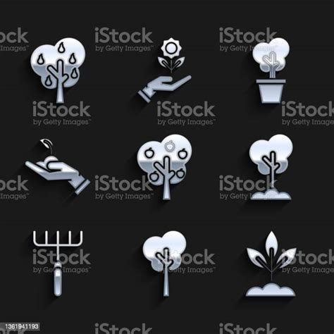 사과 식물 땅에 나무 정원 레이크 환경 보호의 새싹 손 냄비와 배 아이콘으로 나무를 설정합니다 벡터 가루로 빻은에 대한 스톡 벡터 아트 및 기타 이미지 Istock