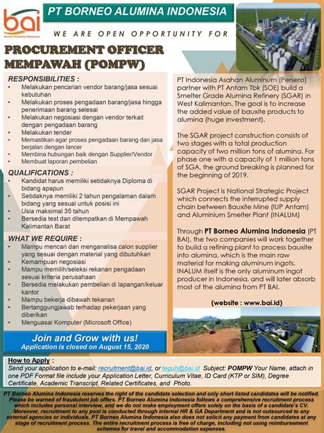 Career Opportunity PT Borneo Alumina Indonesia Jurusan Teknik