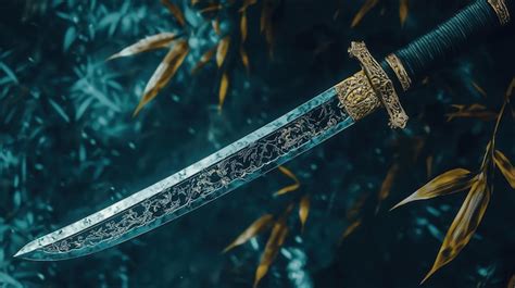 Ornate Sword With Detailed Carving Against A Lush Green Background