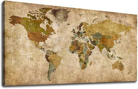 Canvas World Map Art Mural Showing Country And Major Cities In Mixed