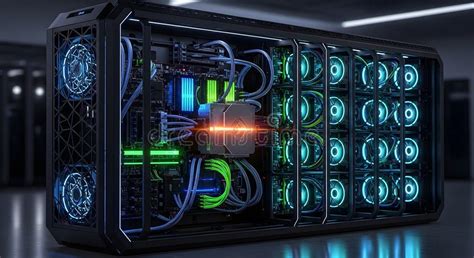 Illuminated High Performance Computer Rig Power And Cooling In Action Stock Illustration