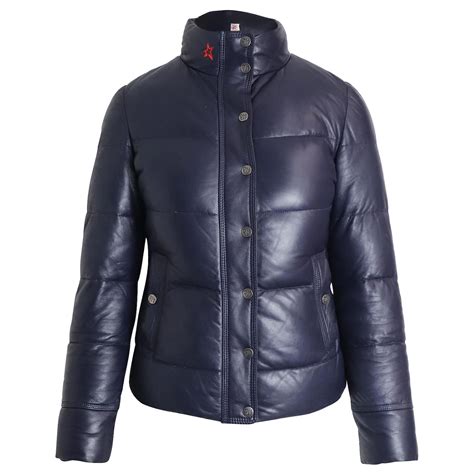 Perfect Moment Quilted Puffer Jacket In Navy Blue Lambskin Leather