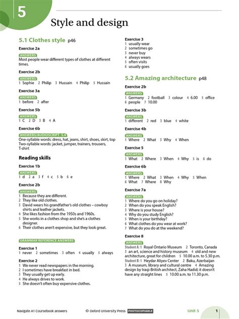 Navigate A1 Coursebook Unit 5 Answer Key Pdf Clothing Softlines Retail