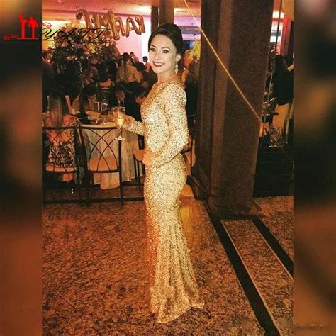 Elegant Long Sleeve Gold Sequined Prom Dress 2016 Hot Sexy Backless