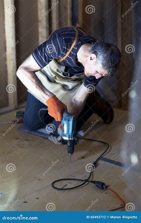 Basement Subfloor Installation Stock Photo Image Of Ruler Drills