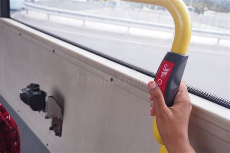 Closeup Of Bus Bell Switch For Stop Inside The Public Bus Stock Image