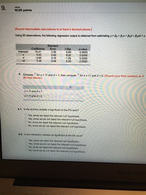 solved using 20 observations the following regression