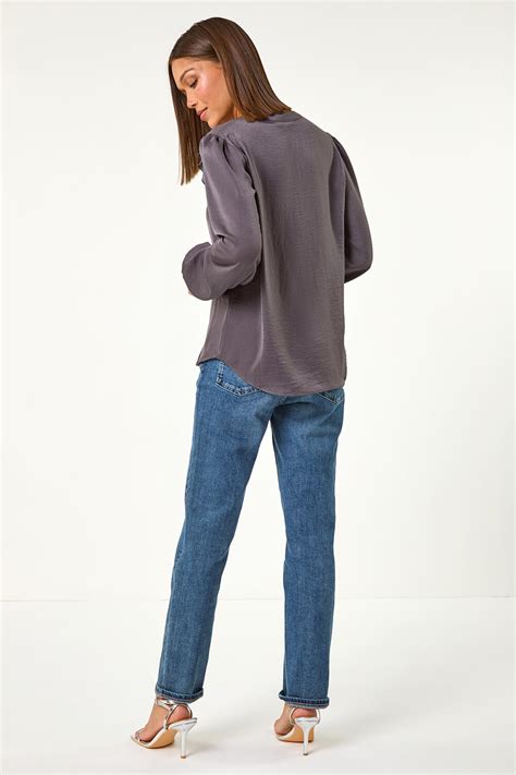 Grey Satin Ruffle Front V Neck Top Roman Uk