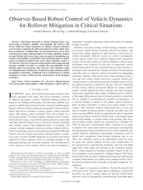 Pdf Observer Based Robust Control Of Vehicle Dynamics For Rollover