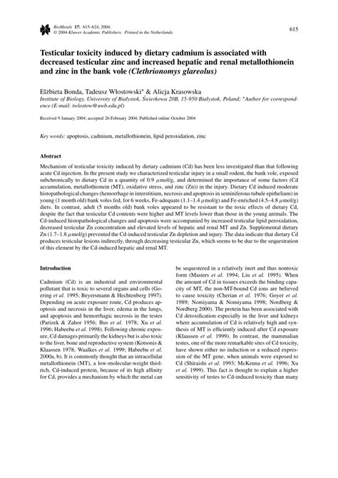 Pdf Testicular Toxicity Induced By Dietary Cadmium Is Associated With