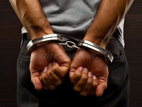Arrested Criminal Man With Handcuffs Behind Hands In Handcuffs Stock
