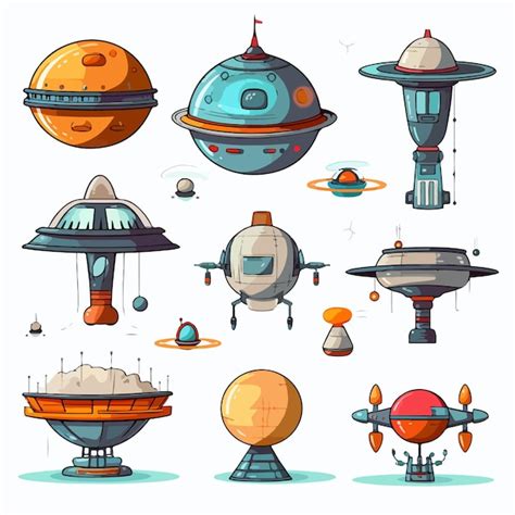 Set Of Spaceship And Satellite Objects Illustration Premium Ai