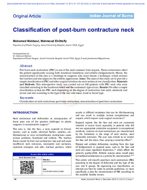 Pdf Classification Of Post Burn Contracture Neck Mohamed Makboul