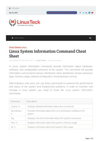 Linux System Information Command Cheat Sheet Pdf