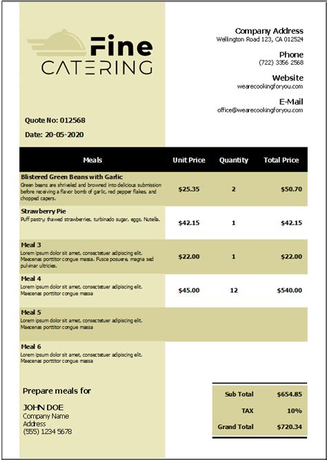 Catering Quote Excel Templates