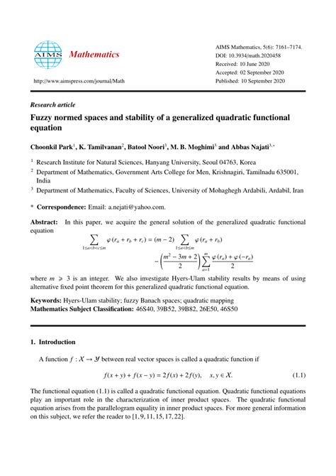 PDF Fuzzy Normed Spaces And Stability Of A Generalized Quadratic