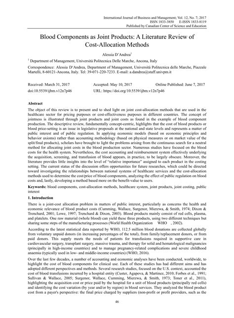 PDF Blood Components As Joint Products A Literature Review Of Cost Allocation Methods