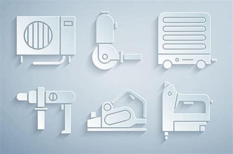 전기 플래너 도구 히터 드릴 머신 건설 스테이플러 앵글 그라인더 및 에어컨 아이콘을 설정합니다 벡터 3차원 형태에 대한 스톡