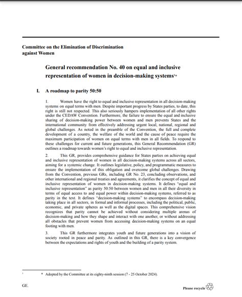 General Recommendation No 40 On Equal And Inclusive Representation Of