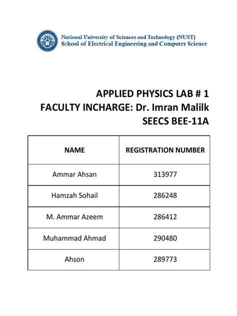Applied Physics Lab 1 Faculty Incharge Dr Imran Malilk Seecs Bee 11a Pdf Observational