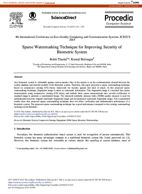Pdf Sparse Watermarking Technique For Improving Security Of Biometric System