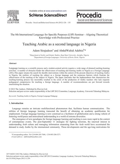 Pdf Teaching Arabic As A Second Language In Nigeria