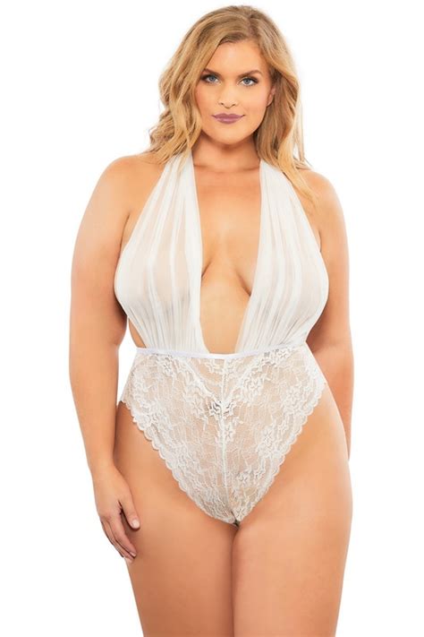 Plus Size White Halter Lace Teddy Spicy Lingerie