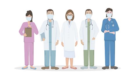 제복을 입은 의사와 의료진의 팀 바이러스 및 감염으로부터 보호하기 위해 의료 호흡기 마스크를 착용 의료 및 도움의 개념 벡터 직원에 대한 스톡 벡터 아트 및 기타 이미지