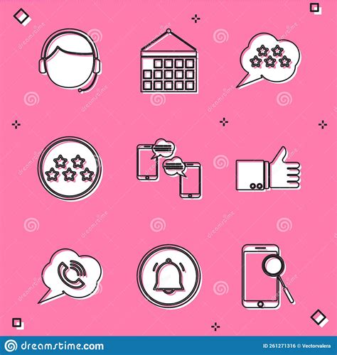 Set Man With A Headset Calendar Five Stars Rating Review Chat Messages On Mobile Hand Thumb