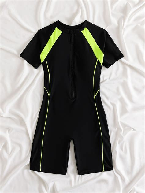 Contrast Piping Zip Front Raglan Sleeve One Piece Swimsuit Surf