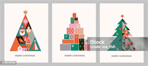 현대적인 미니멀리스트 기하학적 스타일의 크리스마스 트리 스토리 템플릿 포스터 카드 플랫 만화 스타일의 다채로운 그림 기하학적 패턴 별 추상적 요소가 있는 크리스마스 트리 0