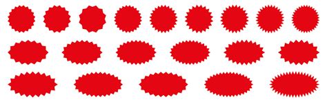 Starburst 빨간색 스티커 세트 흰색 배경에 격리된 라운드 및 타원형 선버스트 레이블 및 버튼 특별 행사 판매 컬렉션 프로모션 광고를 위한 별 가장자리가 있는 스티커