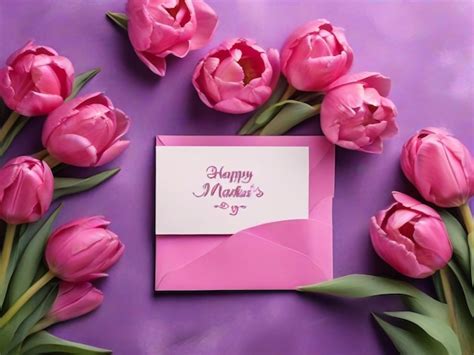 Premium Photo Top View Emty Card Mockup With Pink Tulips Flowers In Violet Paper Wrapper