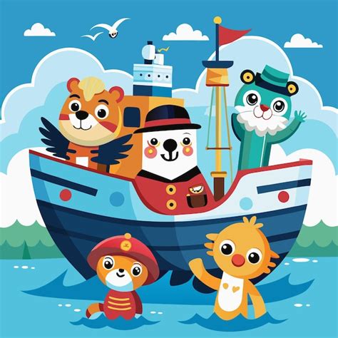Animales lindos navegando en un barco en el océano con una bandera roja