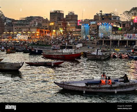 Evening Boat Cruise Along The Ghats Of Ganga River At Varanasi In India