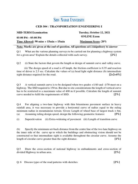 Mid Term Paper Pdf Road