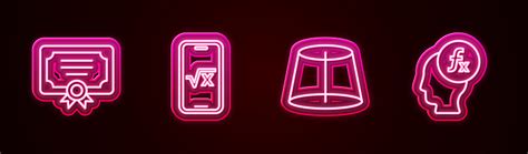 세트 라인 인증서 템플릿 X 글리프의 정사각형 뿌리 기하학적 그림 및 함수 수학적 기호 빛나는 네온 아이콘 벡터 0명에 대한