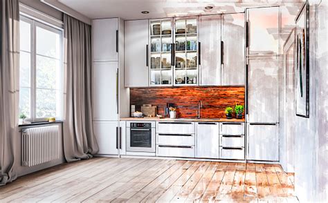 측면에 창문이 있는 비어 있는 흰색 현대식 주방의 3d 렌더링에 마커 효과가 있는 스케치 절반은 3d 렌더링된 이미지 창문에 대한 스톡 사진 및 기타 이미지 Istock