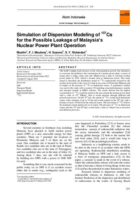 Pdf Simulation Of Dispersion Modeling Of 137cs For The Possible