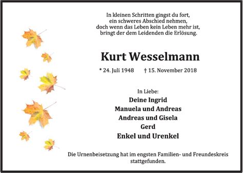 Traueranzeigen Von Kurt Wesselmann Om Trauerde