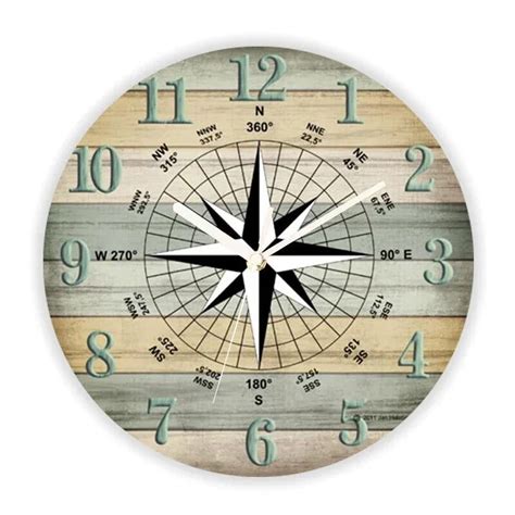Rustic Beach Wood Nautical Directional Star Compass Wall Clock Watch