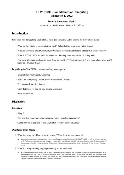 Tutesheet Week2 Solutions Comp10001 Foundations Of Computing Semester