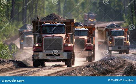 Dump Trucks Line Up Along The Dirt Road Carrying Loads Of Gravel And